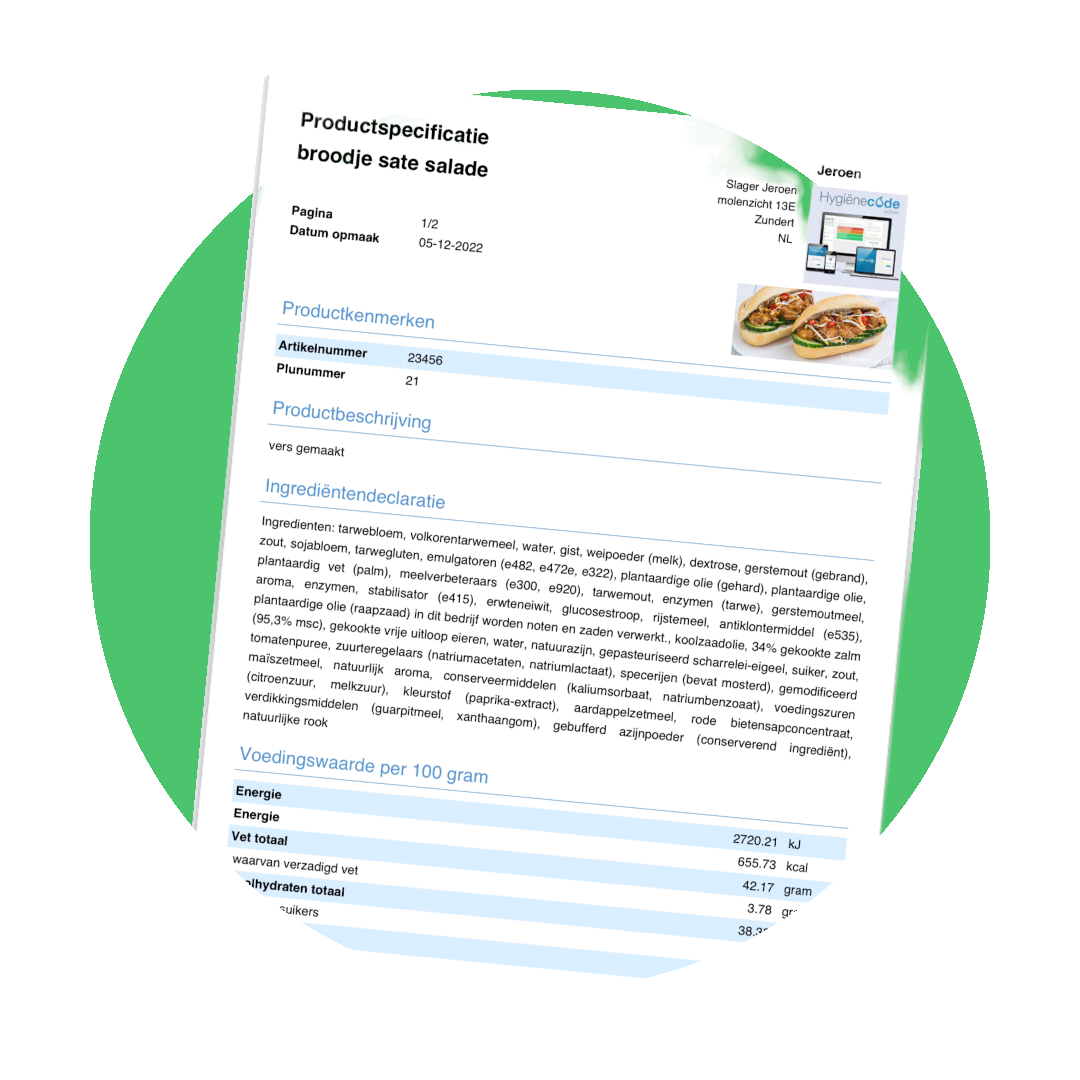 Hygiënecode Online - productspecificaties voor food producten